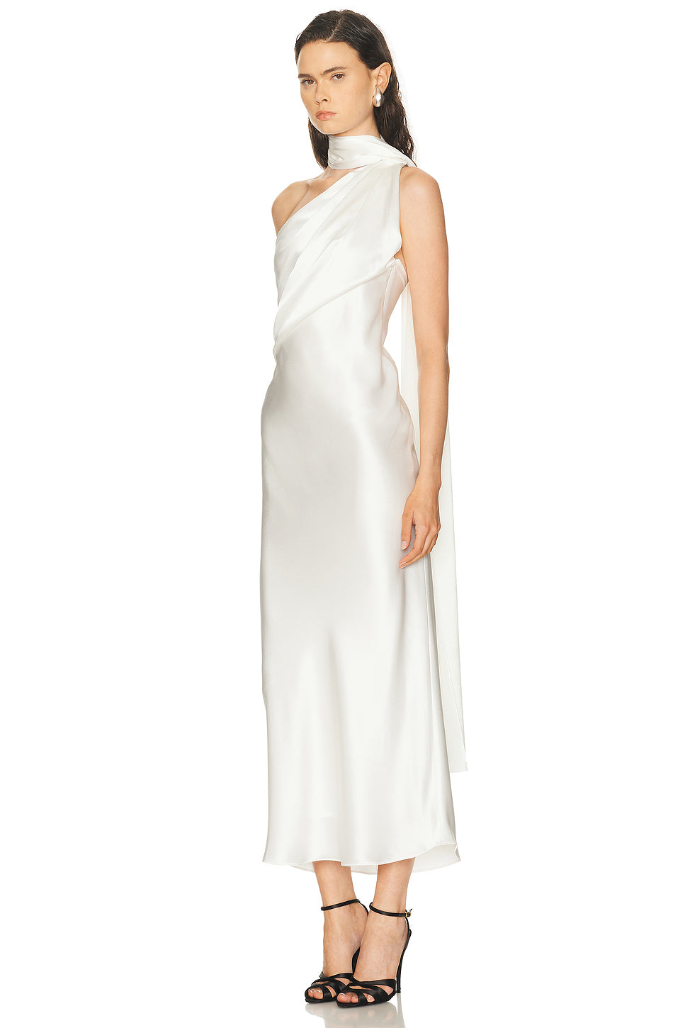 Draped Scarf Neck Satin Dress